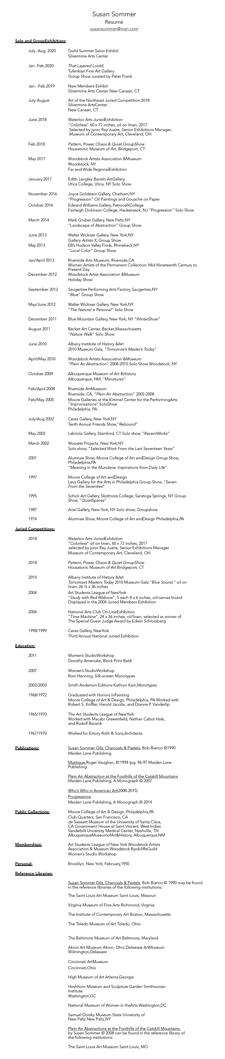 Susan Sommer Resumé | Susan Sommer